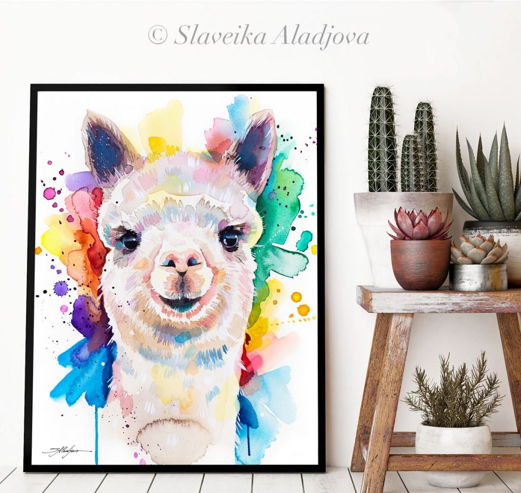 Alpaca watercolor painting print by Slaveika Aladjova