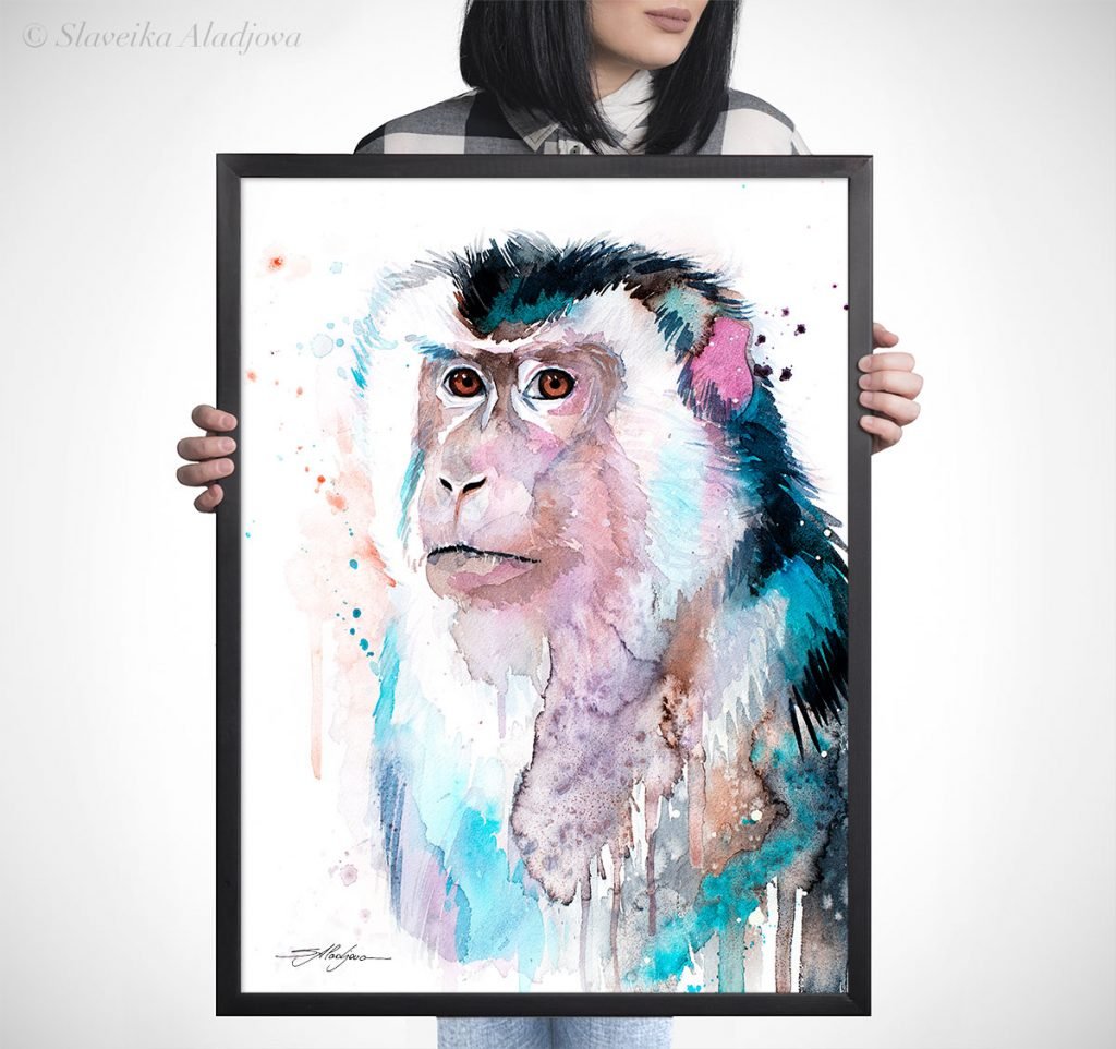 Macaque watercolor painting print by Slaveika Aladjova