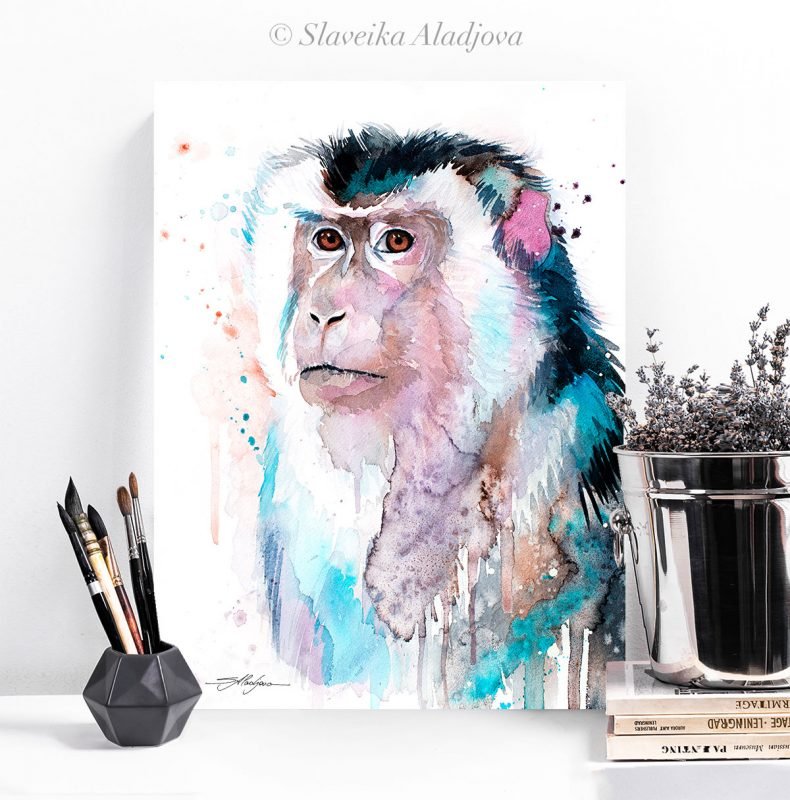 Macaque watercolor painting print by Slaveika Aladjova